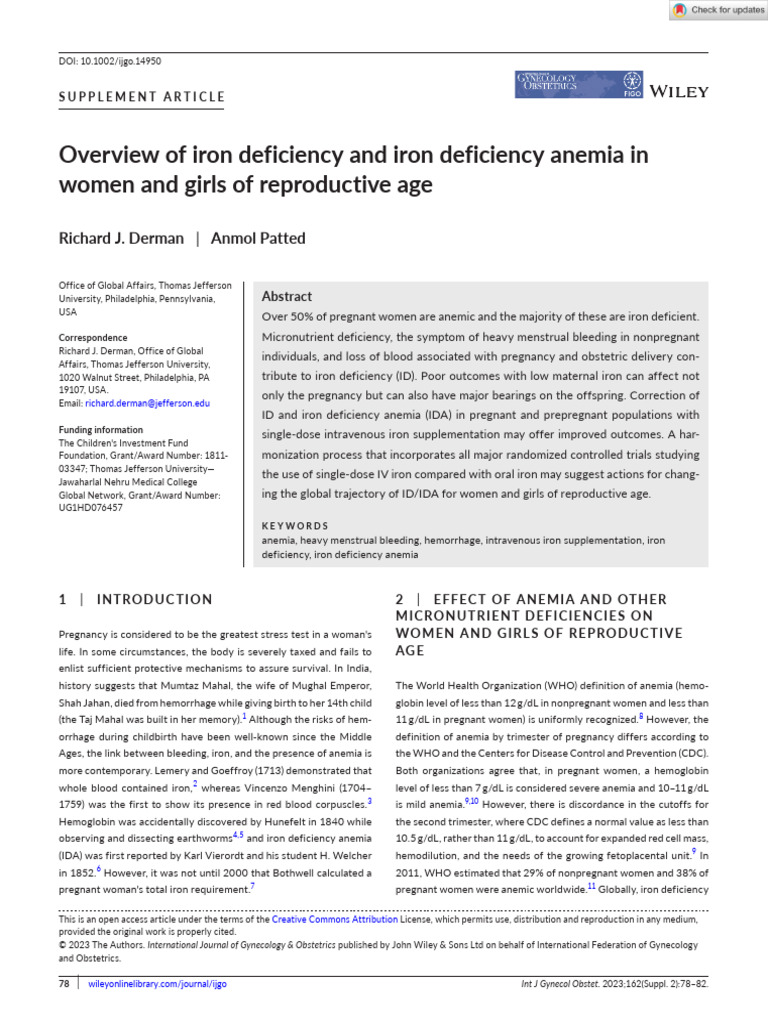 Intl J Gynecology Obste - 2023 - Derman - Overview of iron deficiency and iron deficiency anemia ...