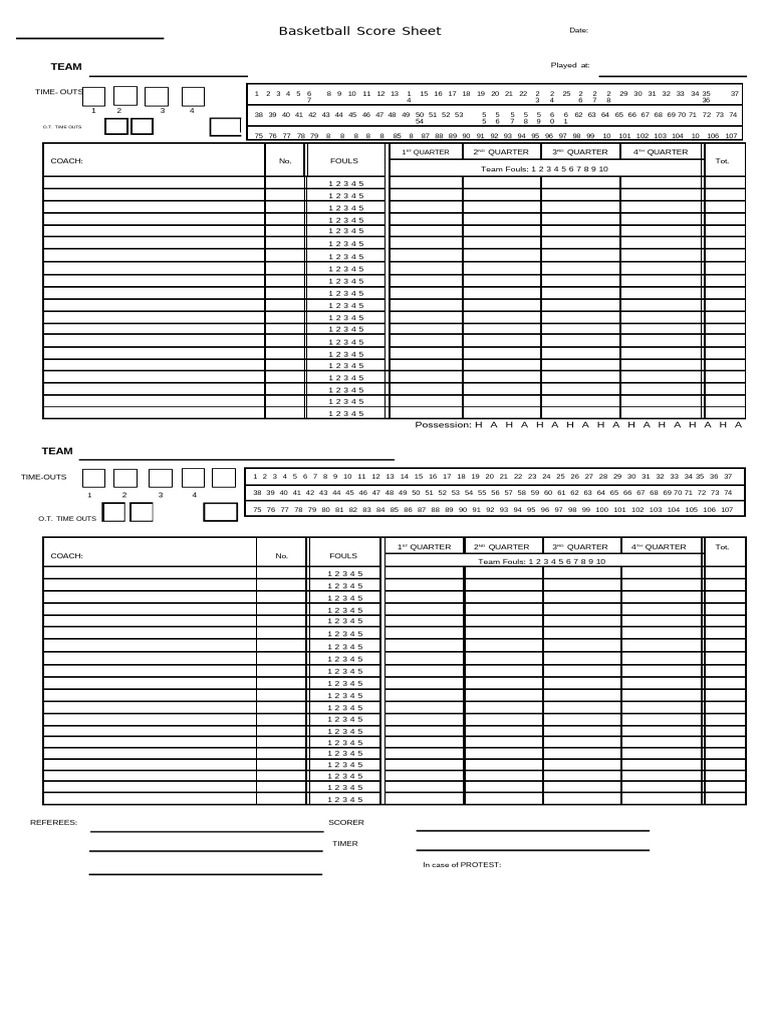 Printable Basketball Score Sheet | PDF | Sports