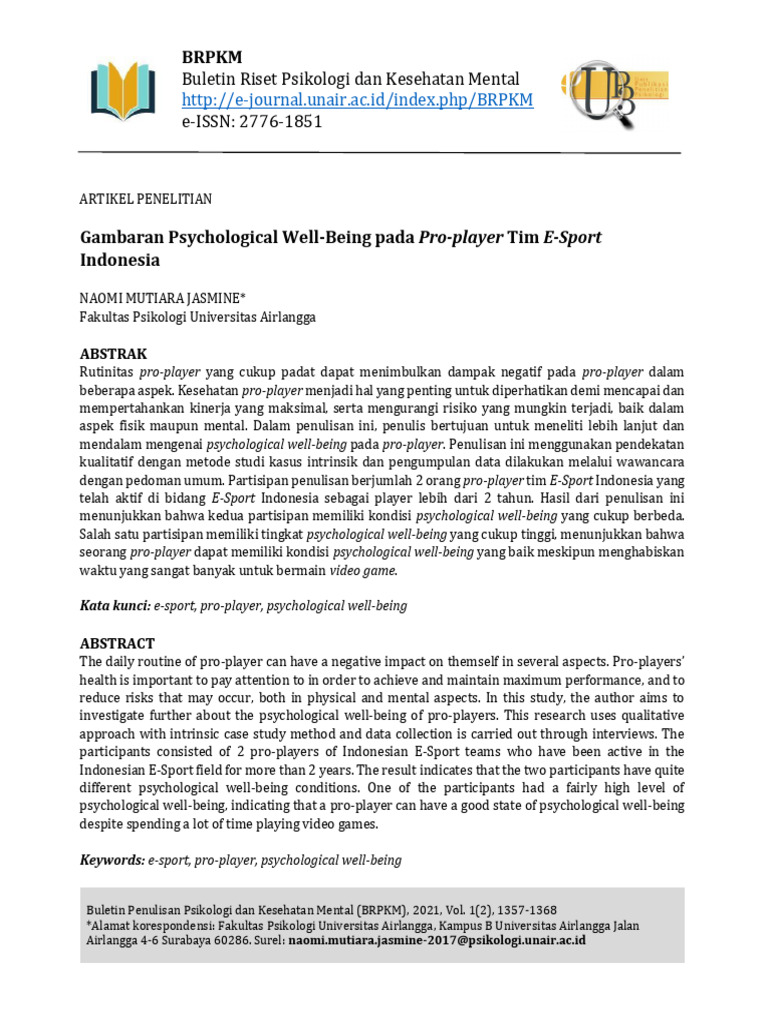 Gambaran Psychological Well-Being Pada Pro-Player Tim E-Sport | PDF