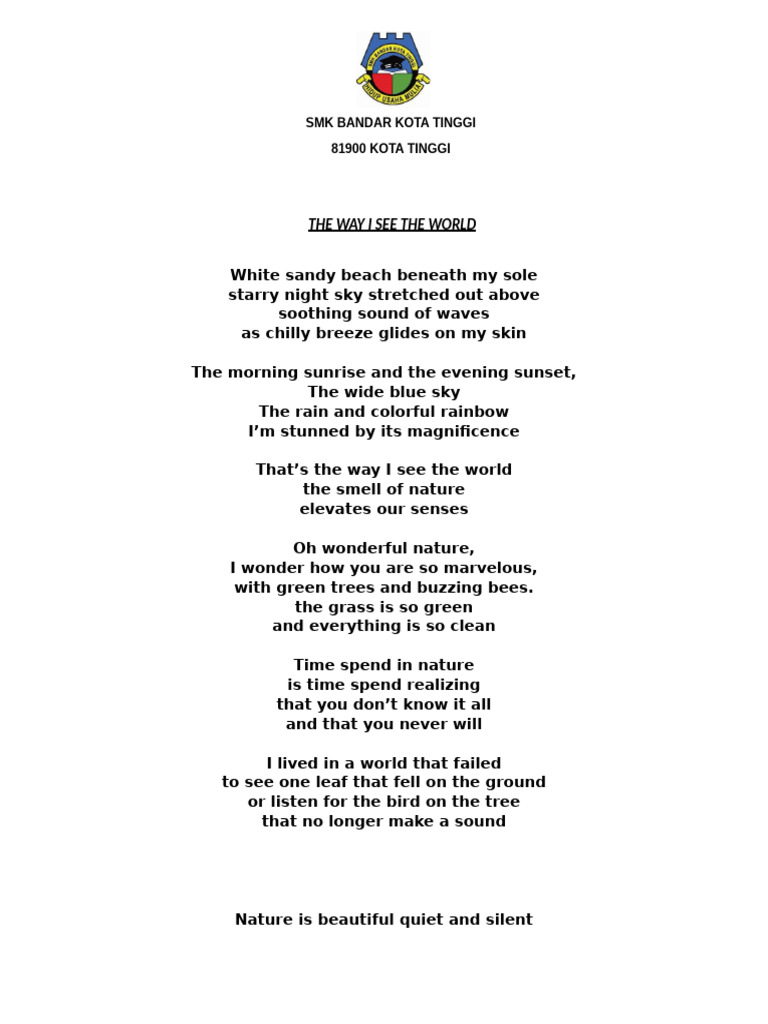 POEM DISTRICT LEVEL ABOUT THE WAY I SEE THE WORLD | PDF