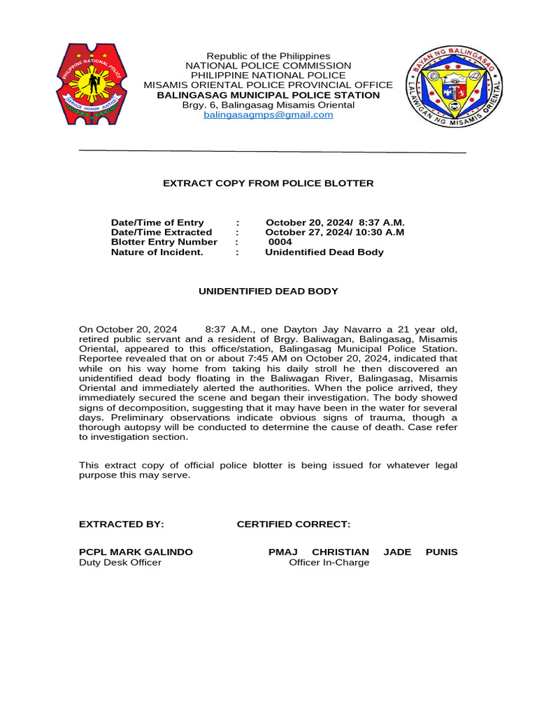 Republic of The Philippines (Police Blotter) | PDF