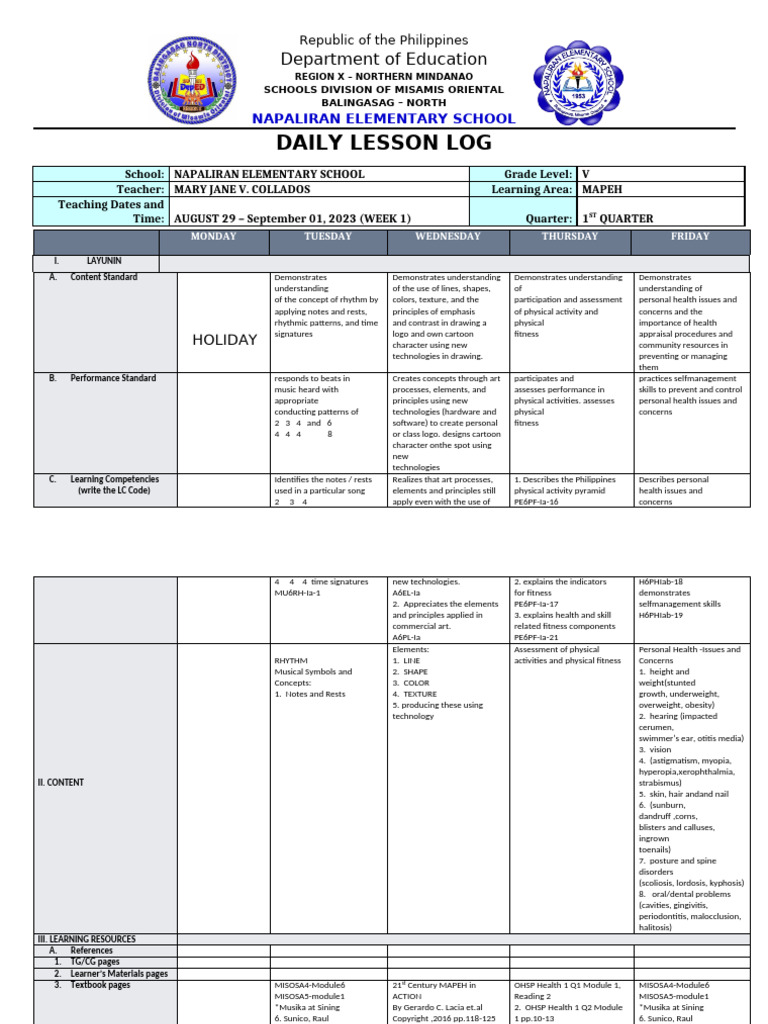 DLL Mapeh 5 Yenyen Q1 - W1 | PDF