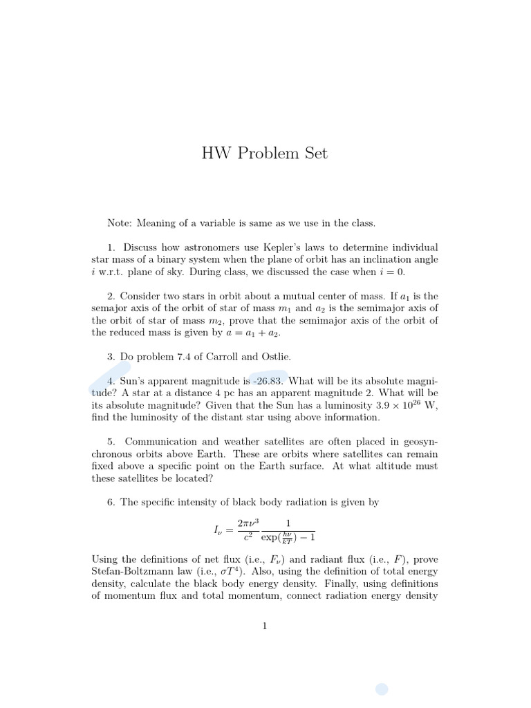 Astrophysics Problem (Set 1) | PDF