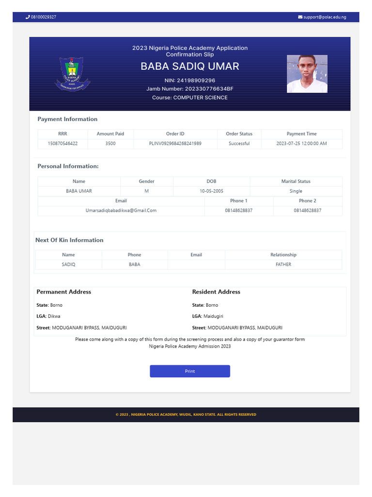 Umar Baba Sadiq Nigeria Police Force Admission Portal - NPF | PDF