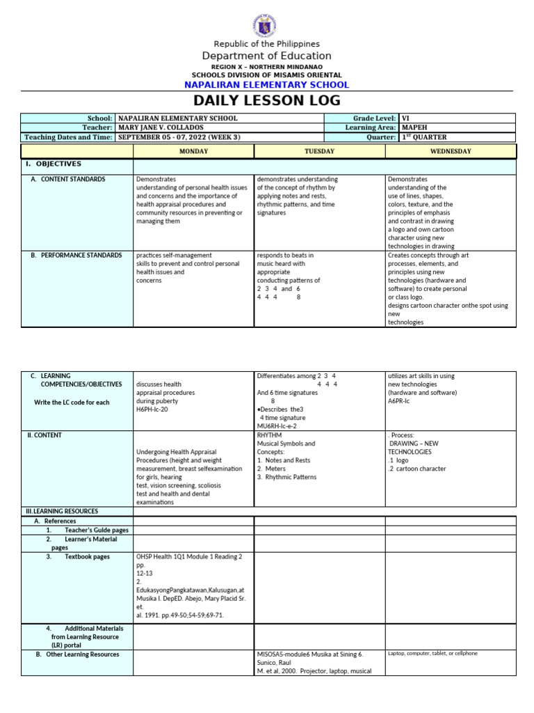DLL Mapeh 6 Yenyen Q1 - W3 | PDF