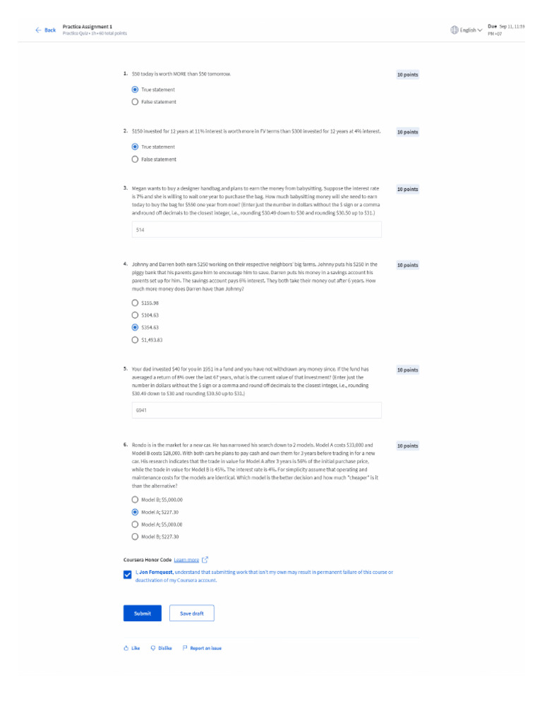 Screencapture Coursera Org Learn Time Value of Money Quiz CVWBK Practice Assignment 1 Attempt ...