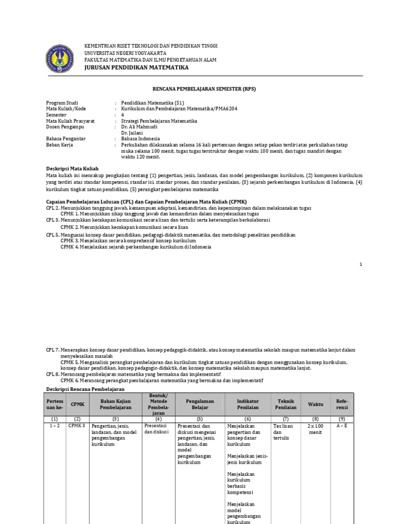 RPS-Kurikulum Dan Pembelajaran Matematika | PDF