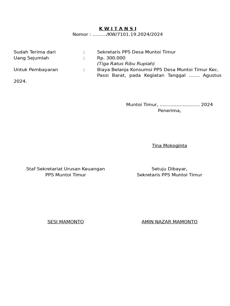 (Tiga Ratus Ribu Rupiah) : Kwitansi | PDF