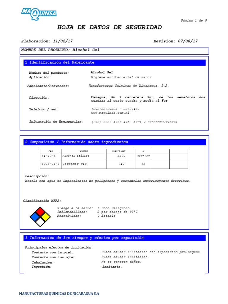 MSDS Alcohol Gel Maquinsa | PDF