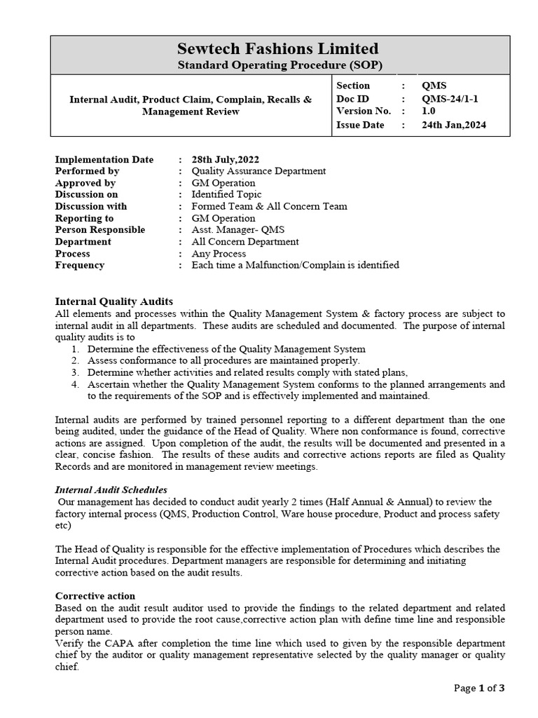 Internal Audit SOP | PDF