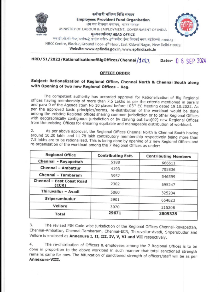 EPFO Circular Rationalisation of Chennai Offices 6 Sep 2024 | PDF | Address (Geography)
