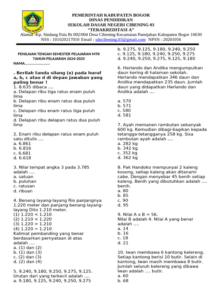 Soal Pts 1 Smester 1 MTK | PDF