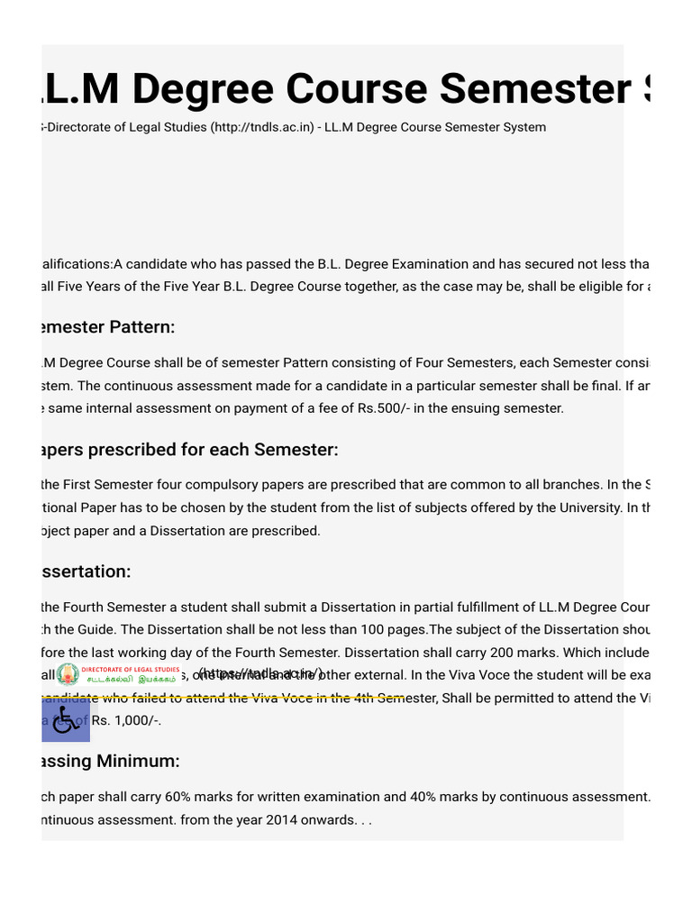 LL.M Degree Course Semester System - DLS-Directorate of Legal Studies | PDF