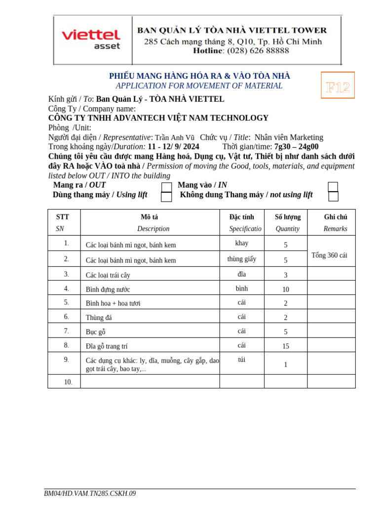 Phieu Dang Ky Chuyen Hang Tu VP HCM Sang Viettel | PDF