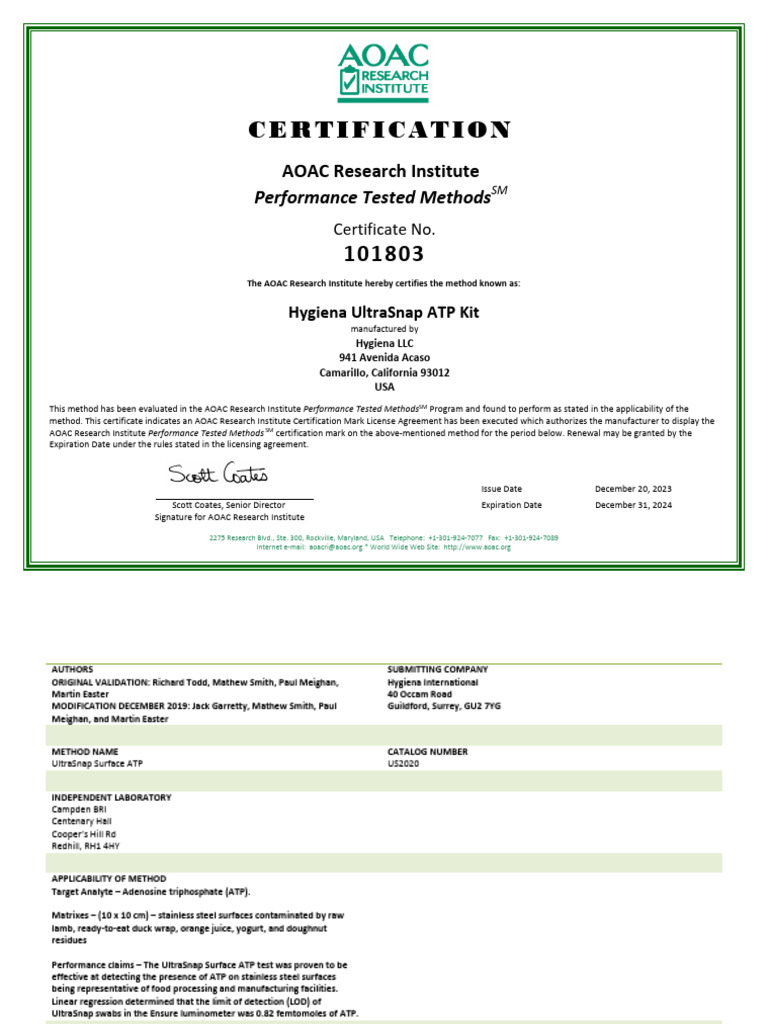 Ultrasnap-Aoac Certification | PDF
