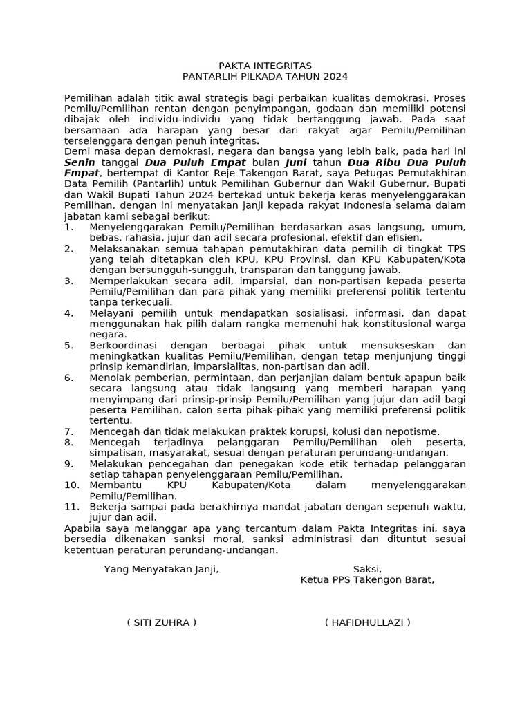Pakta Integritas Pantarlih | PDF