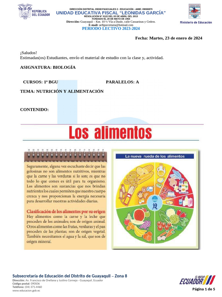 Tema Alimentacion y Nutricion 1ro A | PDF