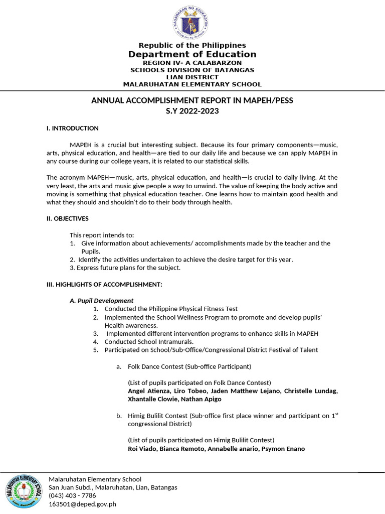 Accomplishment report_MAPEH 22-23 | PDF