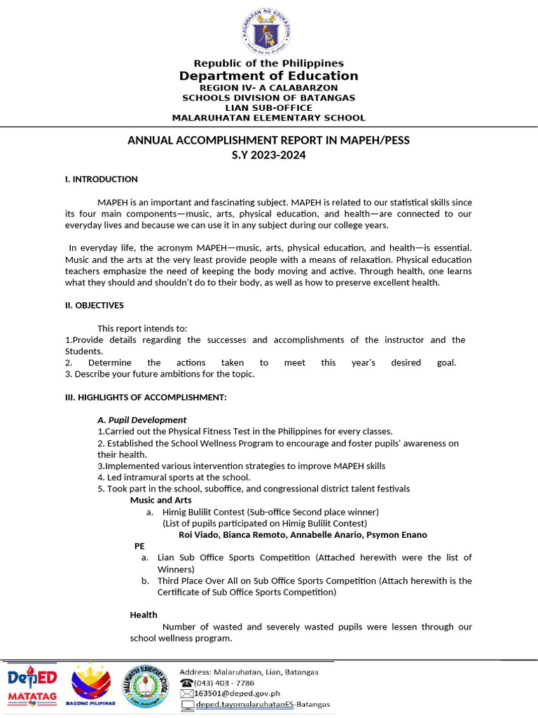 Accomplishment report_MAPEH 23-24 | PDF