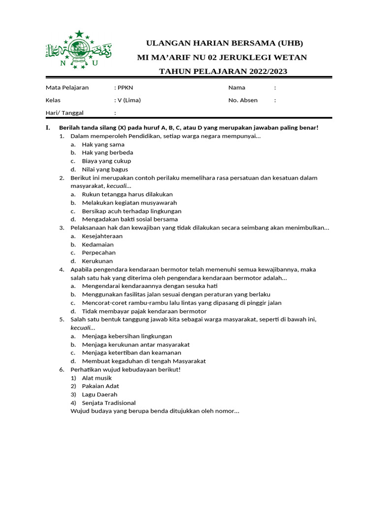 Soal Uhb PPKN KLS 5 | PDF