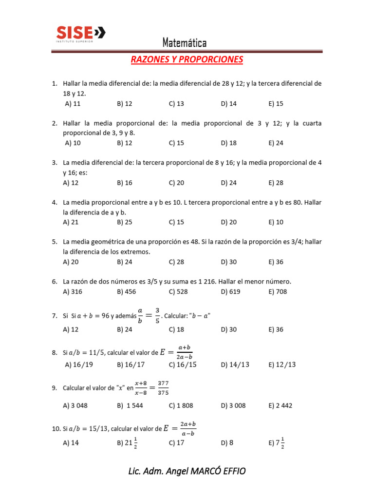 Ejercicios de Razones y Proporciones | PDF