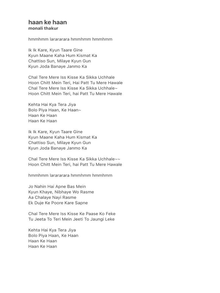 Haan Ke Haan Lyrics | PDF