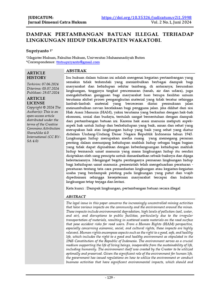 Dampak Pertambangan Batuan Illegal Terhadap Lingkungan Hidup Dikabupaten Wakatobi | PDF