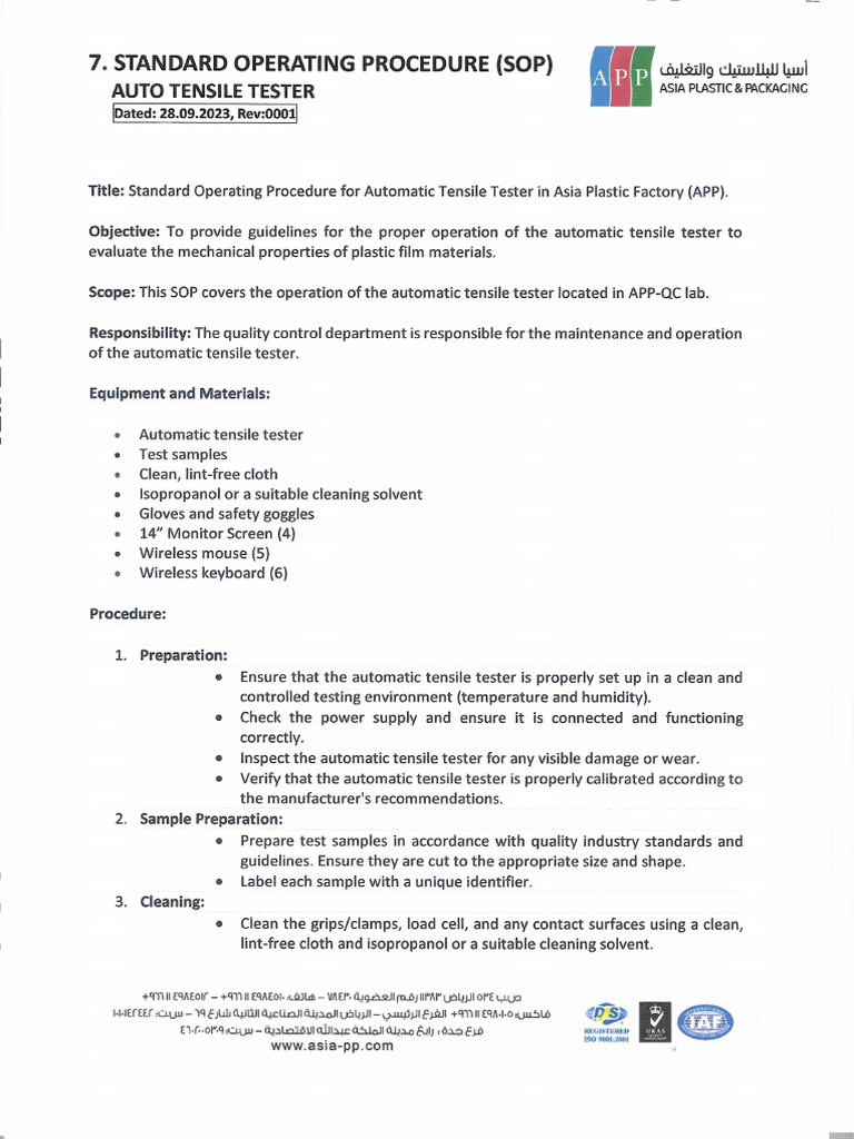 Standard Operating Procedure for Tensile Tester | PDF