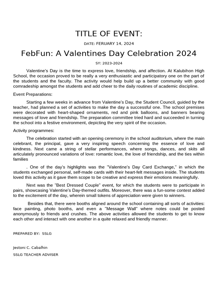 SSLG Narrative Report For Sy 2023 2024 | PDF | Valentine's Day