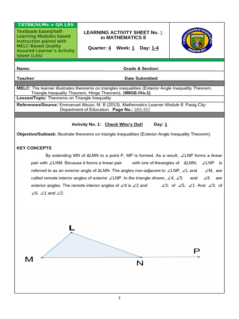 Learning Activity Sheet No. in Mathematics 8 Quarter: 4 Week: 1 Day: 1 ...