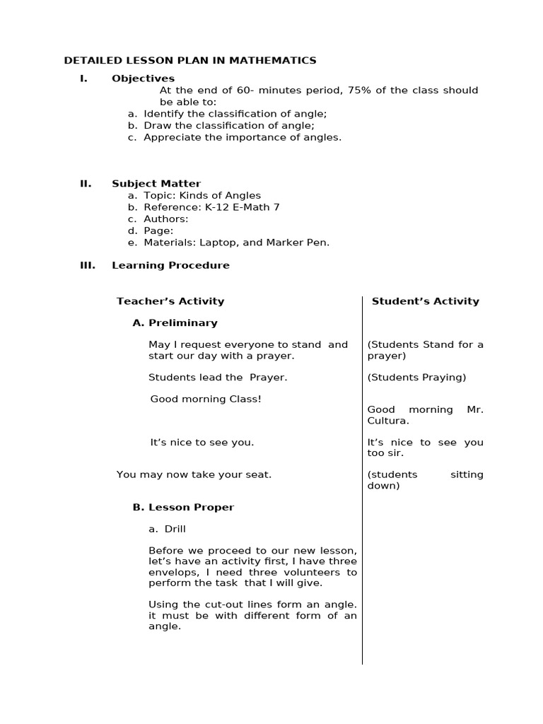 Detailed Lesson Plan in Mathematics Kinds of Angles | PDF