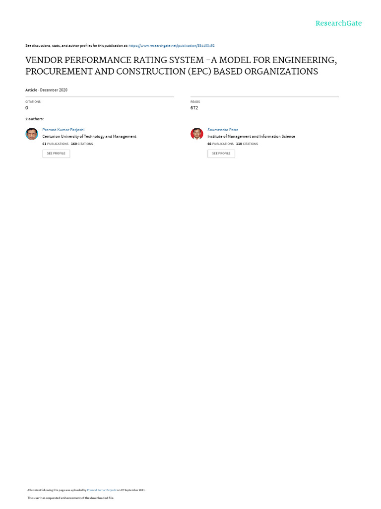 Vendor Performance Rating System - A Model For Engineering, Procurement ...