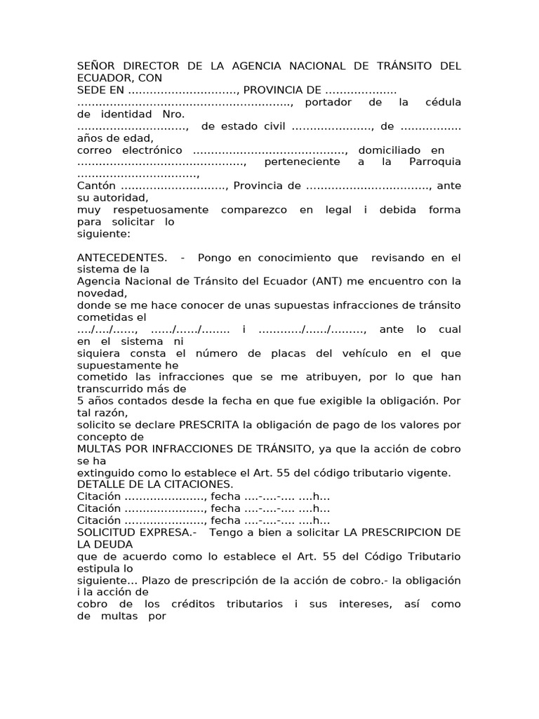 Modelo de Solicitud de Prescripciòn Por Deudas - Multas Por Infracciones de Tránsito | PDF