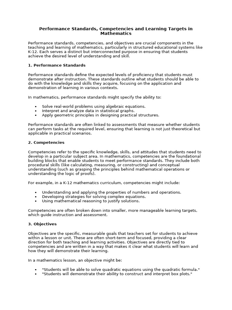 Performance Standards Competencies and Learning Targets | PDF