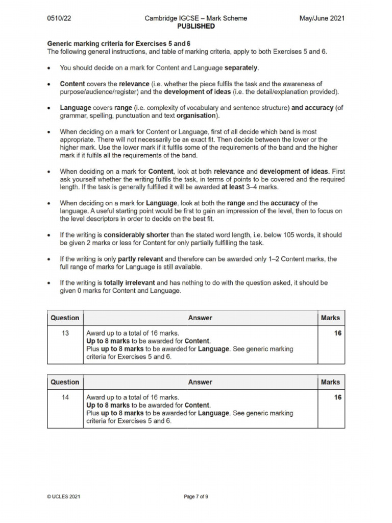 english marking scheme exercise 5,6 | PDF