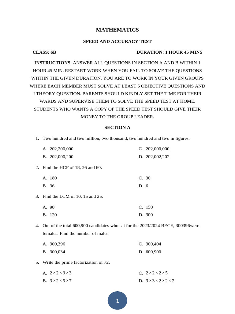 Basic 6 Maths Tutorials Questions | PDF