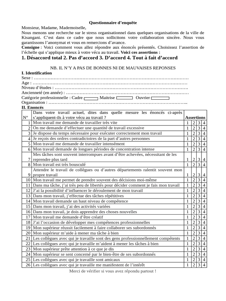 Questionnaire de Stress Professionnel À Appliquer | PDF