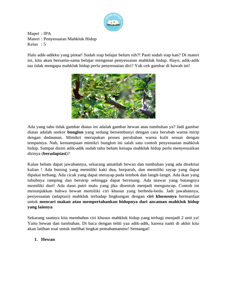5 SD - GSB - IPA - Penyesuaian Mahkluk Hidup | PDF