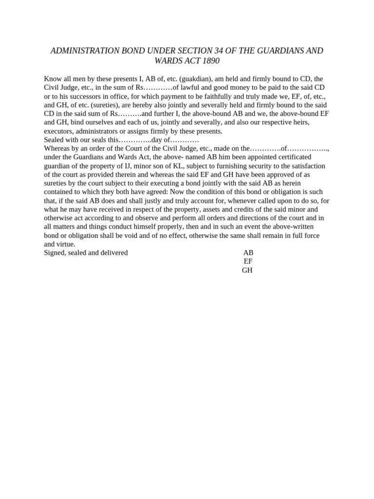 Administration Bond Under Section 34 of The Guardians and Wa | PDF