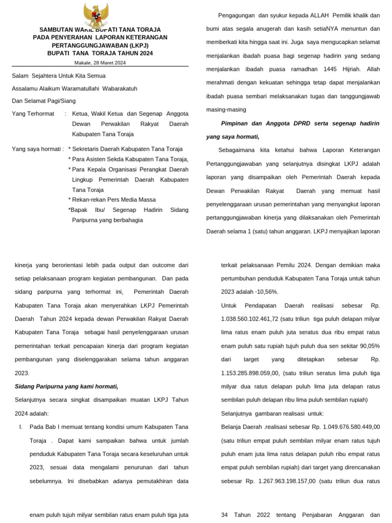 Sambutan Wakil Bupati Paripurna Penyerahan LKPJ T.A. 2023 | PDF