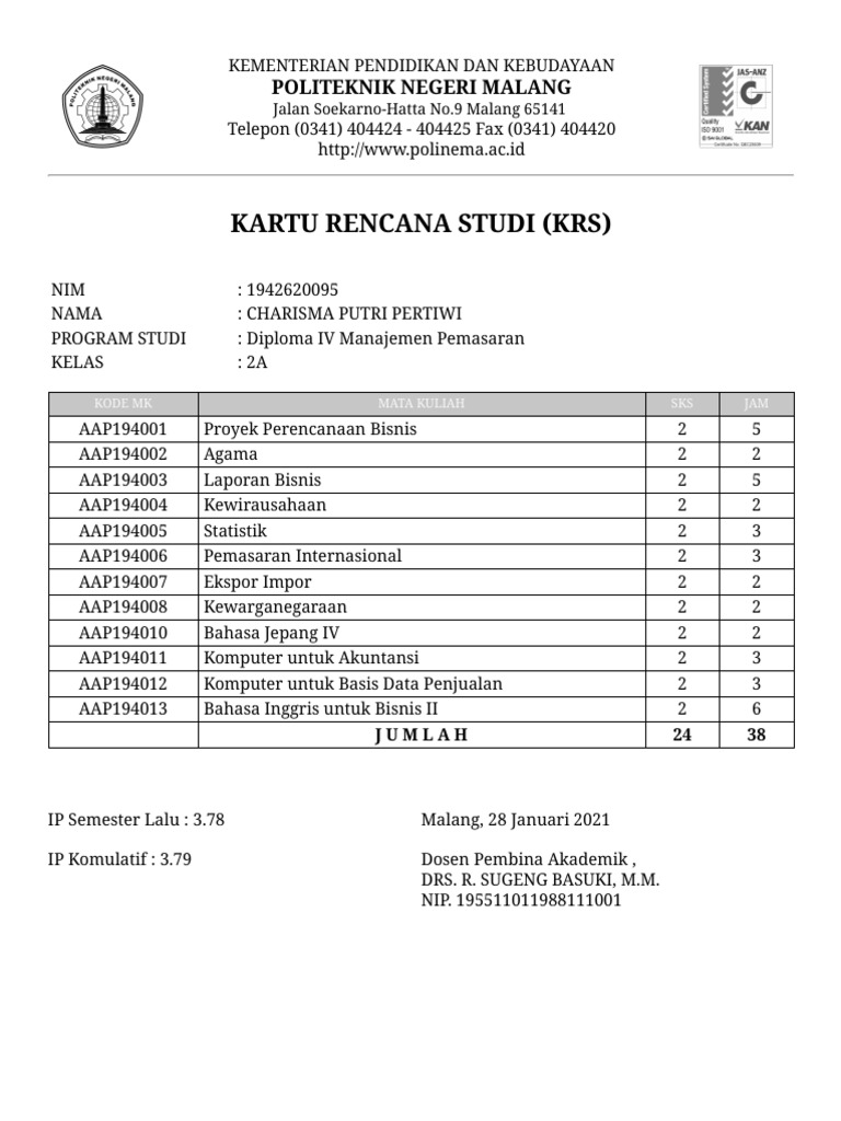 Kartu Rencana Studi (KRS) - Politeknik Negeri Malang | PDF