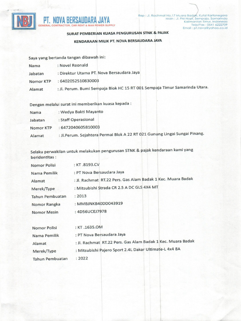 Surat Kuasa Pengurusan BPKB Dan STNK 4 Mobil | PDF
