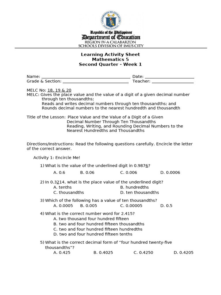 Math G5 Q2 W1 LAS | PDF