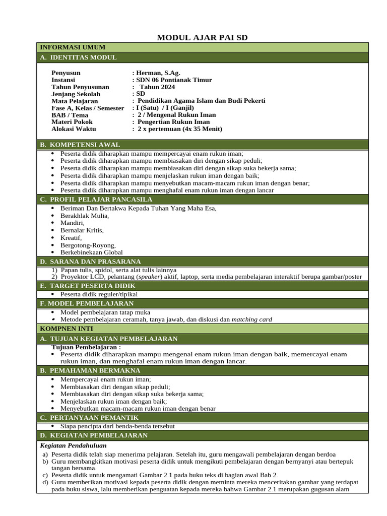 Modul Ajar Kelas 1 Pai Rukun Iman | PDF
