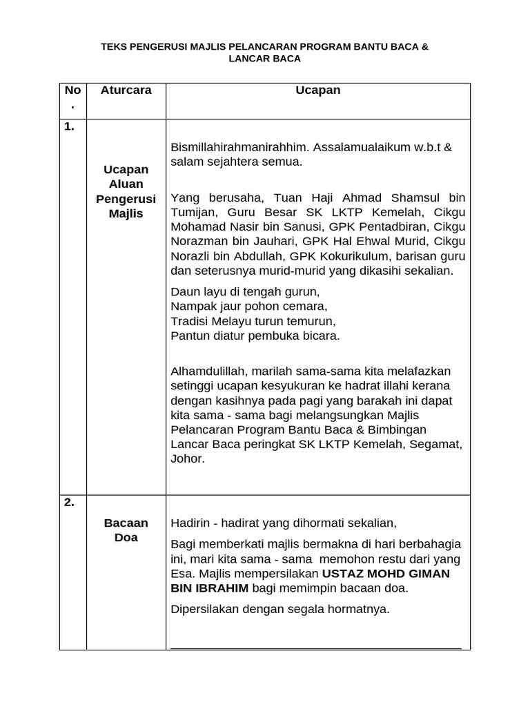 Teks Pengerusi Majlis Pelancaran Program Bantu Baca | PDF