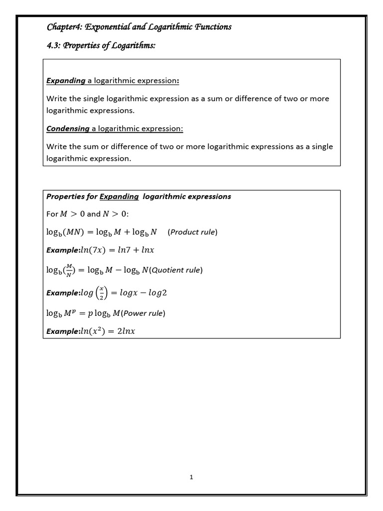 Chapter4: Exponential and Logarithmic Functions 4.3: Properties of Logarithms | PDF