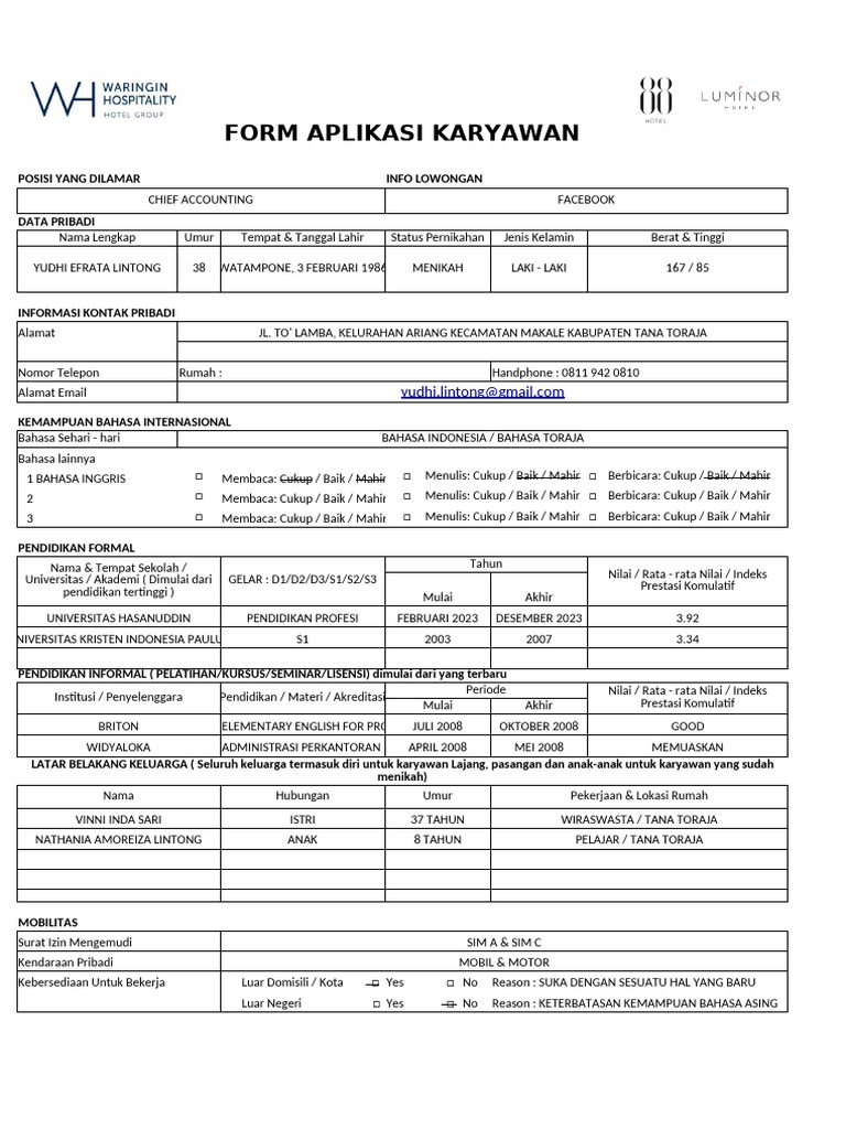 Form Employee Application WH | PDF
