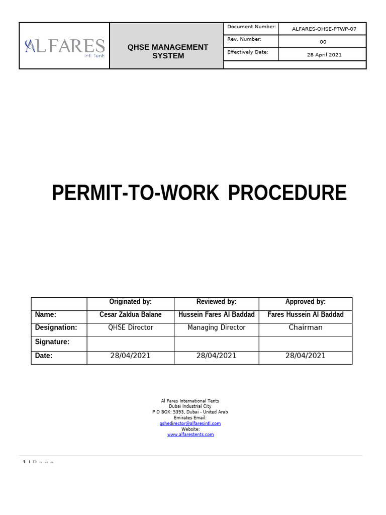 07 ALFARES-QHSE-PTWP Permit To Work Procedure | PDF