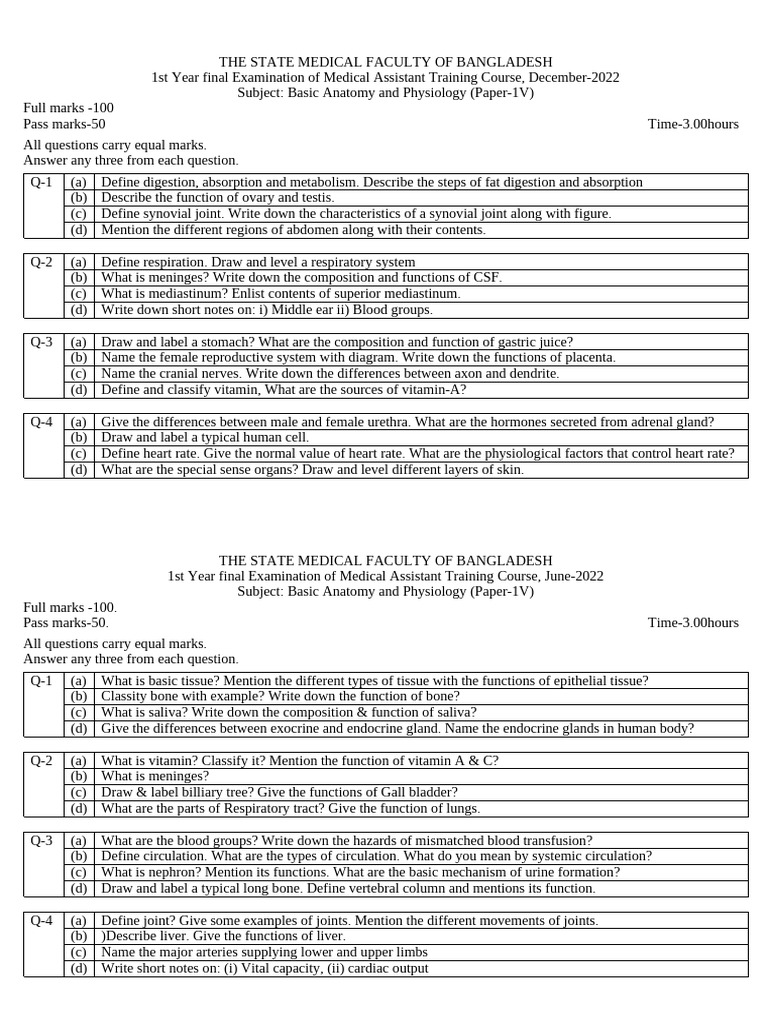 Basic Anatomy Question 2020 | PDF
