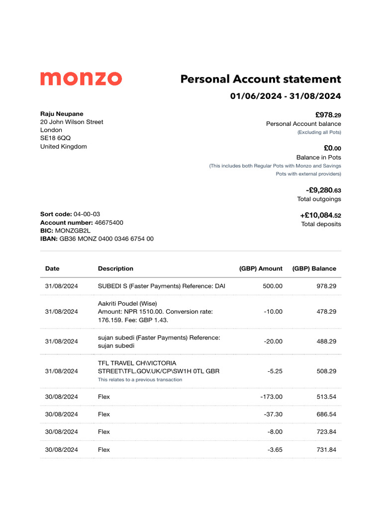 Monzo - Bank - Statement - 2024 06 01 2024 08 31 - 7641 | PDF